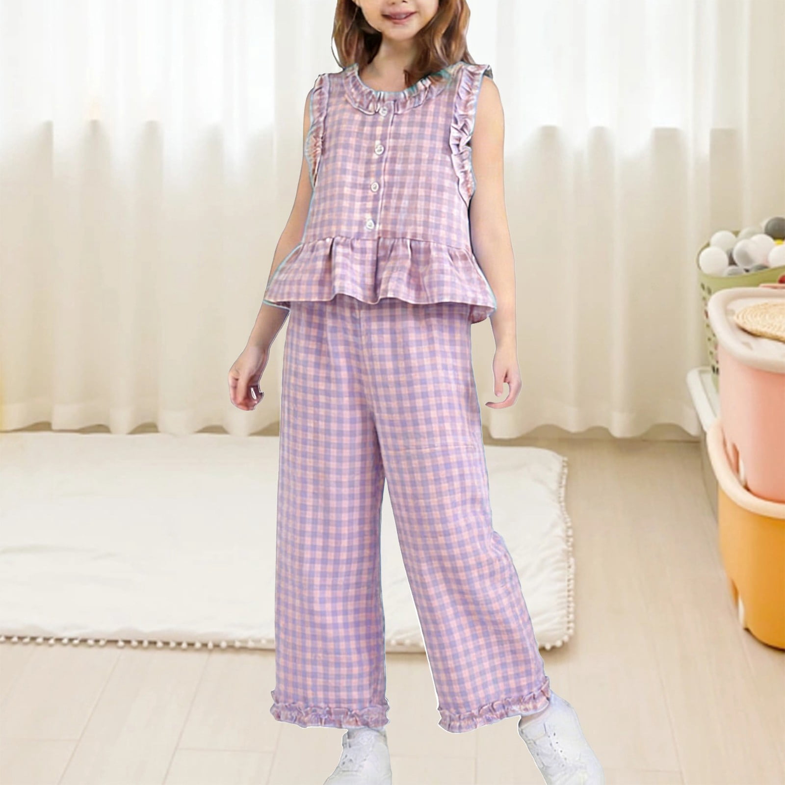 Girls' Outfits Kids Clothing Sets Sleeveless 2-Piece Sweatsuit Plaid ...