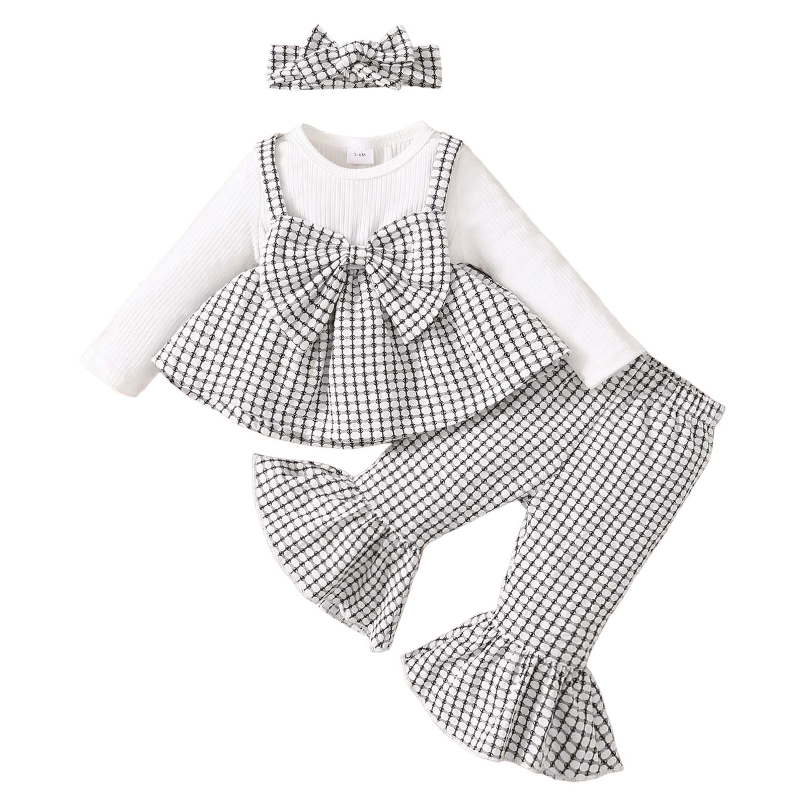 Girls Outfits Long Sleeve Bowknot Plaid Tops Flare Pants Headbands Set Girl Clothes White ...