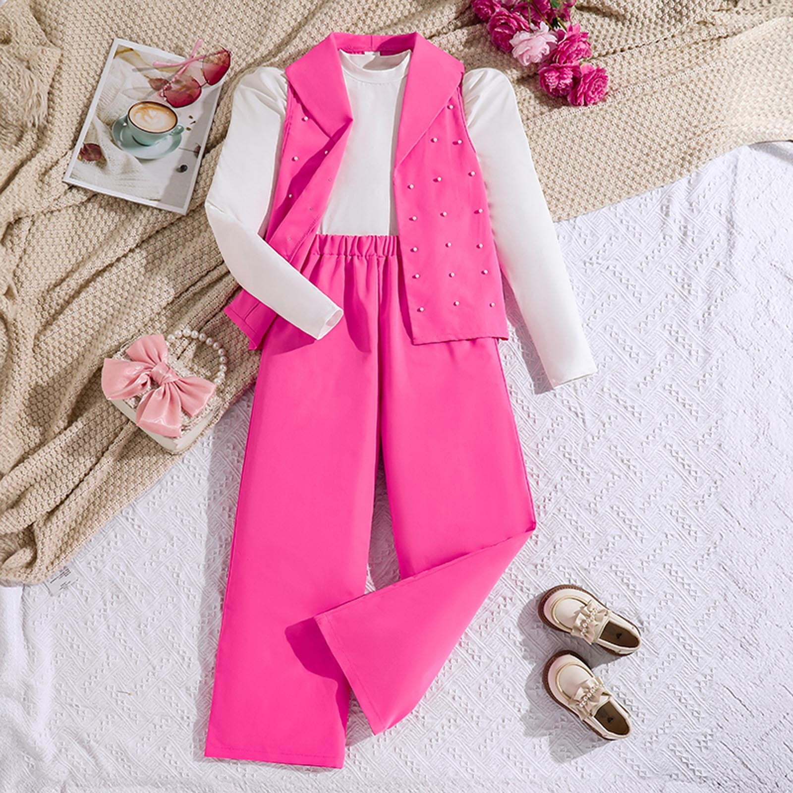 Girls Outfits Set Long Sleeve Top Vest Pants Suit Playwear Elastic ...