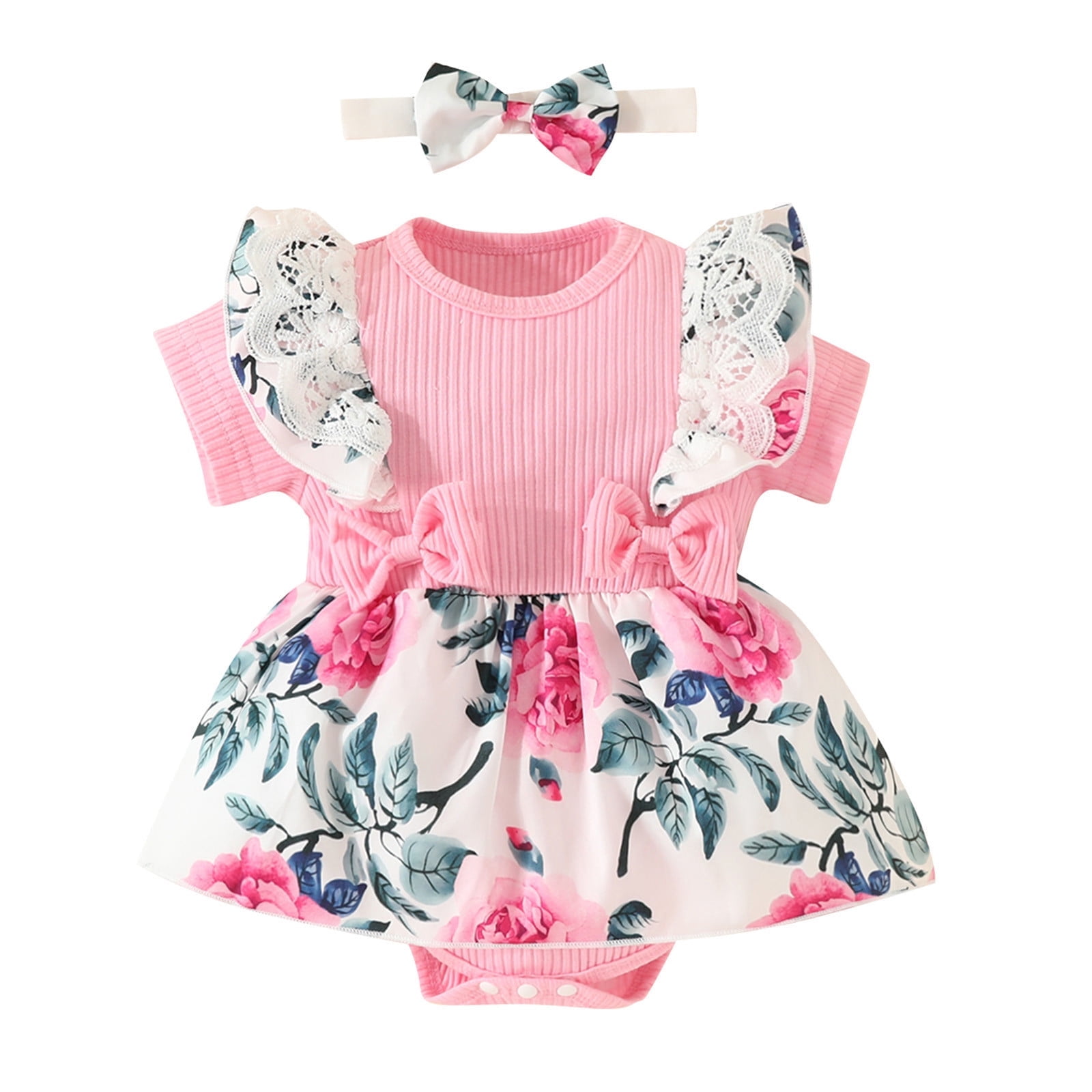 Girls Outfits Short Sleeve Floral Prints Ribbed Bodysuit Dress Headbands Baby Girl Clothes RD2 6 ...