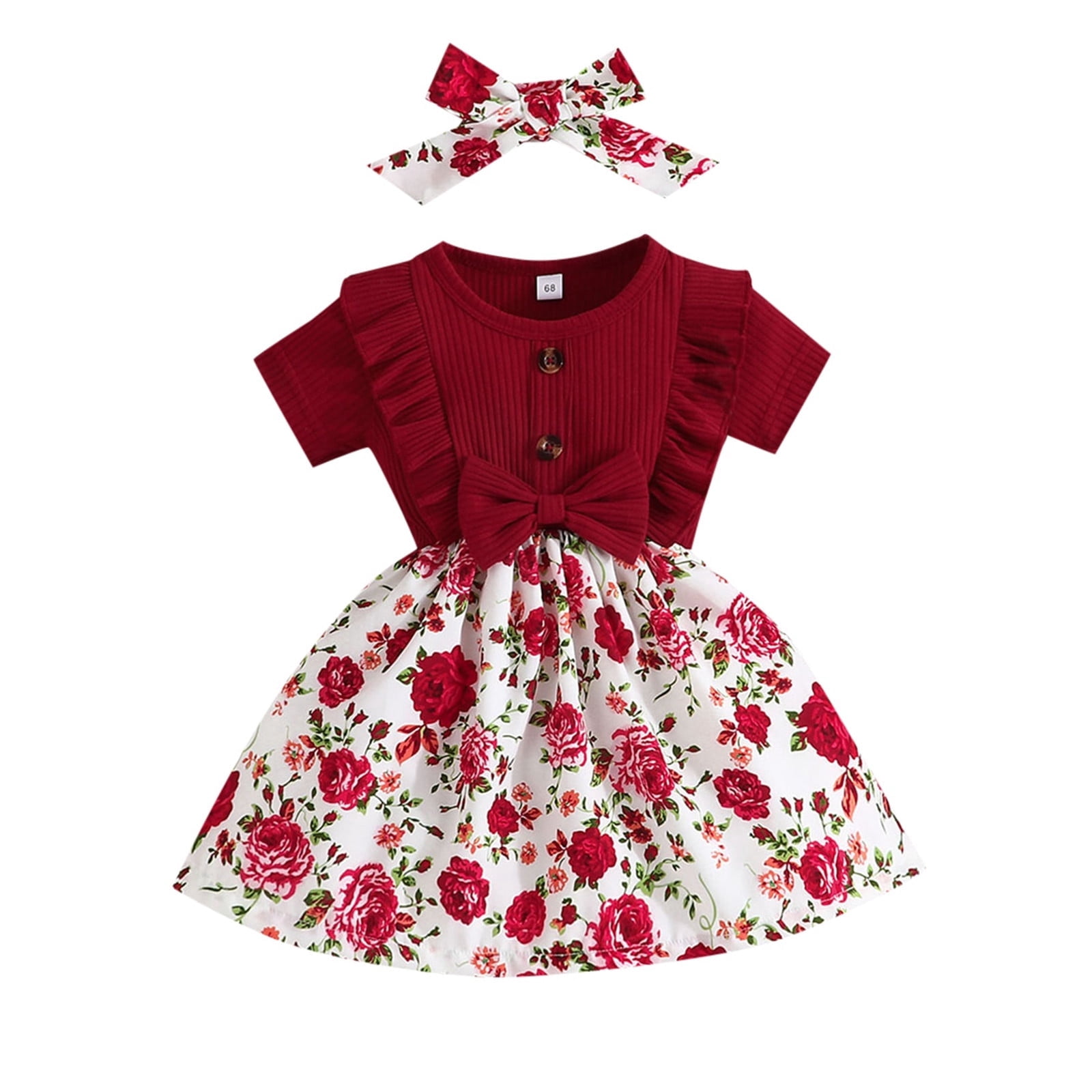 Girls Outfits Summer Short Sleeve Knitted Floral Print Dress Headband ...