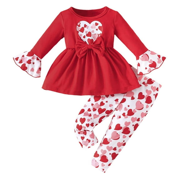 Girls Outfits Valentine's Day Heart Print Long Sleeve Bow Pullover Top ...