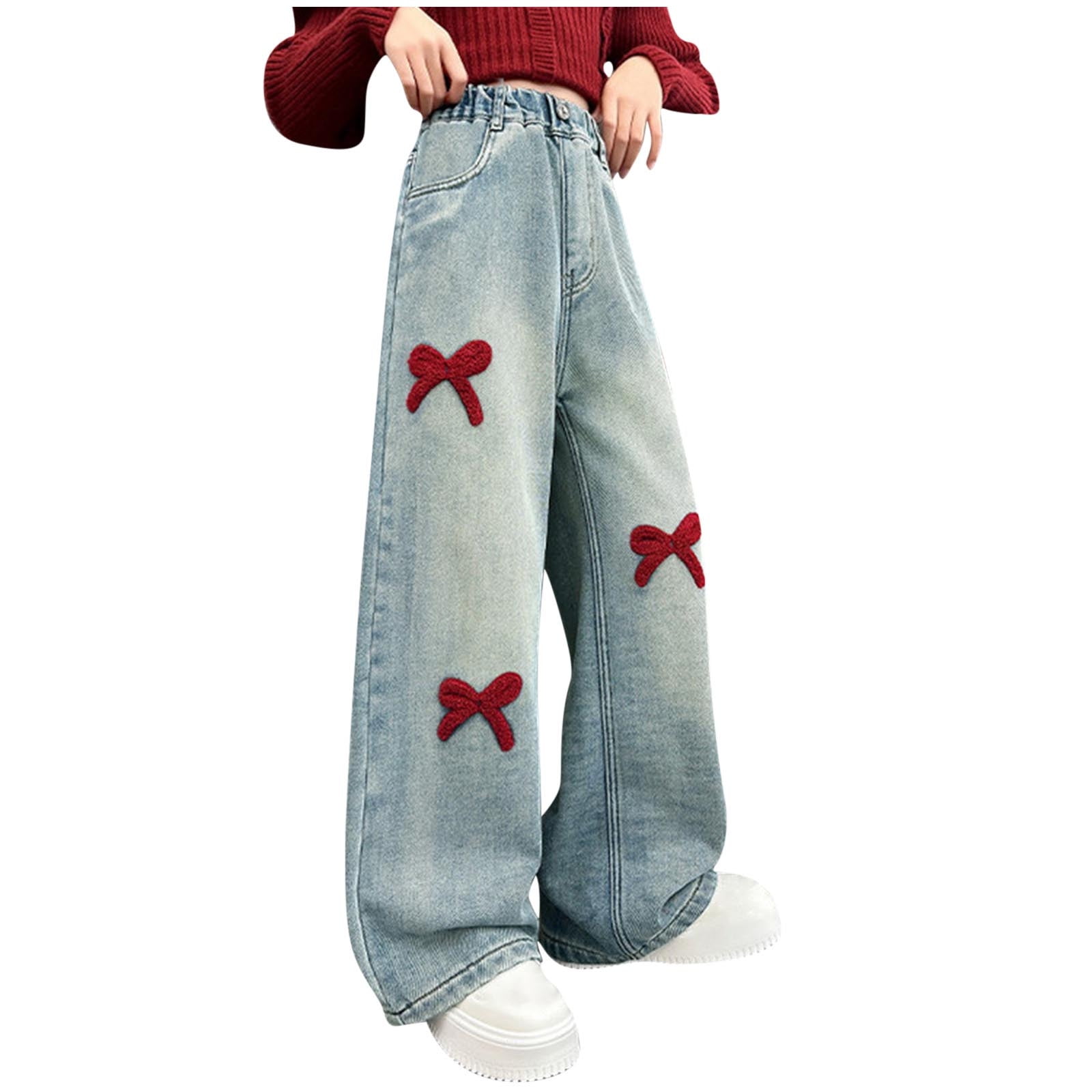 Girls Pajama Pants Bow Jeans for Girls, Wide Leg Baggy Denim Pants ...
