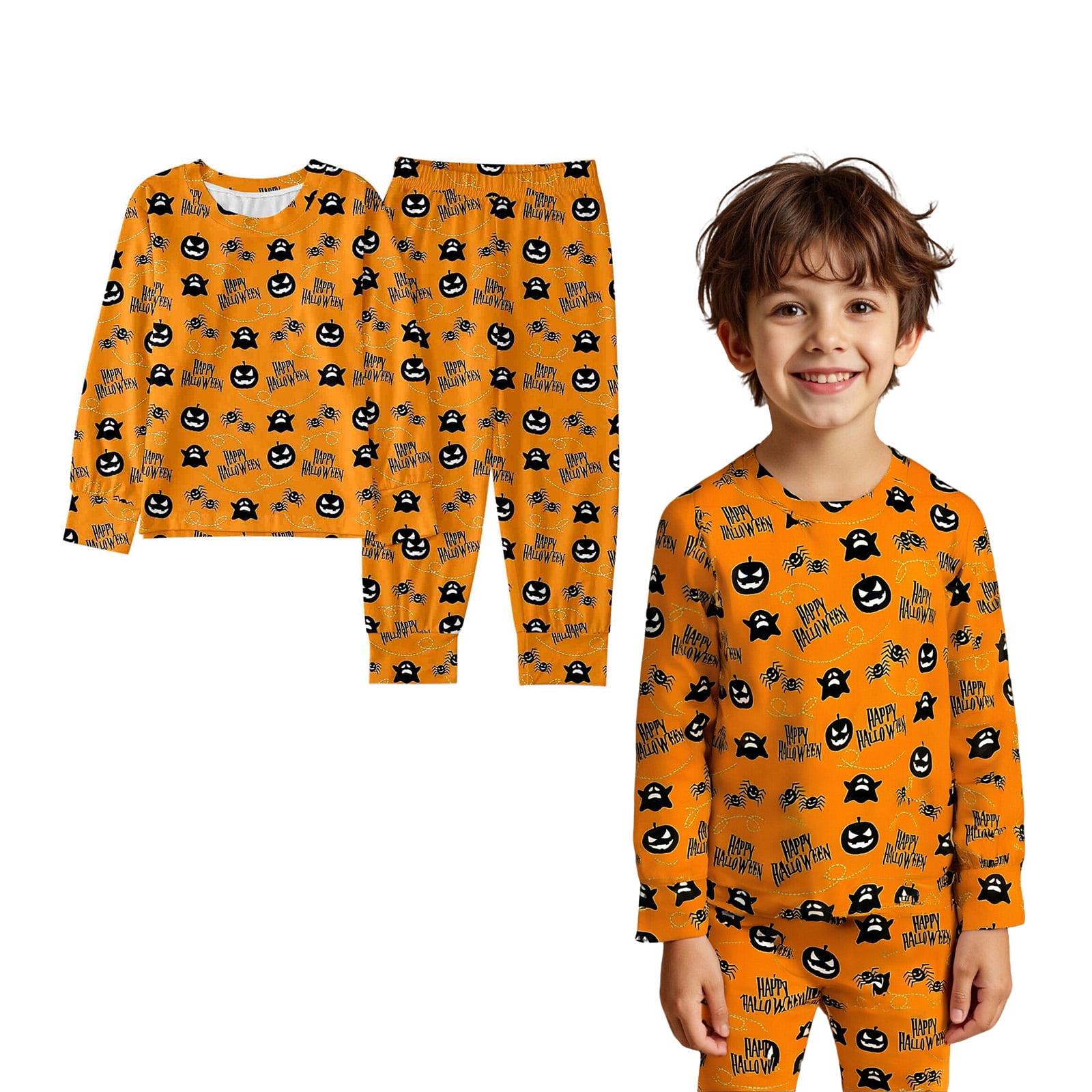 Girls Pajama Set Halloween Pjs Pumpkin Ghost Print Long Sleeve Crewneck Tops Fall Toddler Big ...