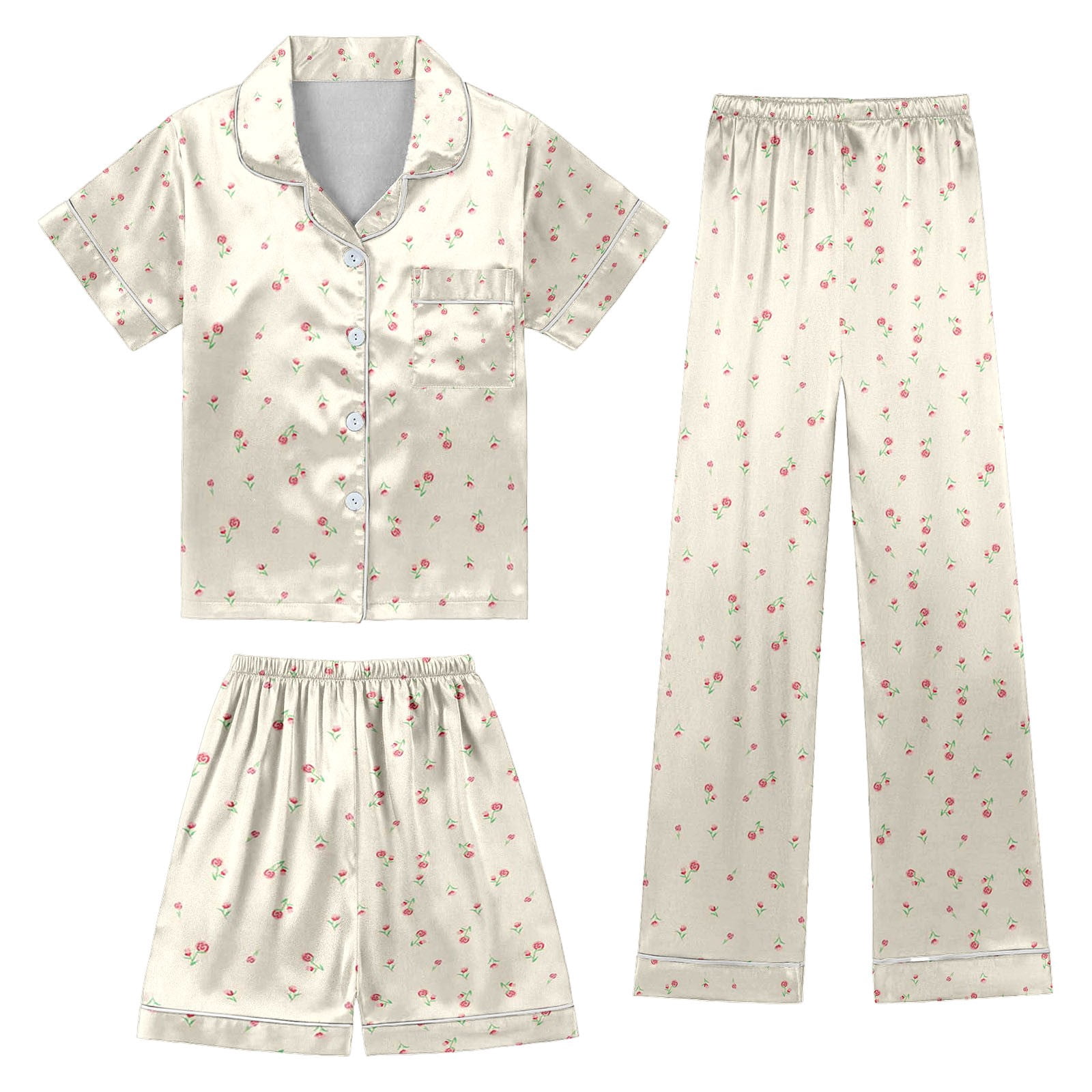 Girls Pajamas 3 Piece Button-Down Pjs Short Sleeve Top Shorts & Long ...