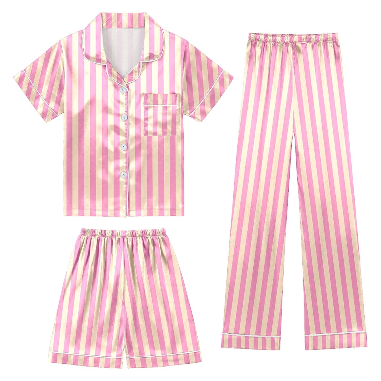 Girls Pajamas 3 Piece Satin Button Down Pjs Short Sleeve Top Shorts ...