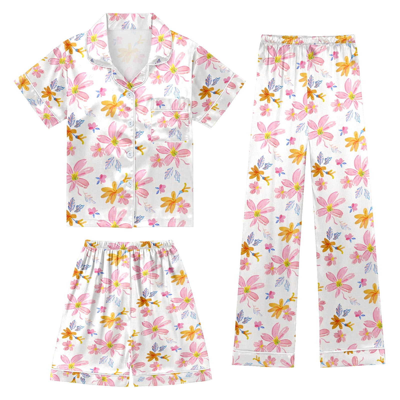 Girls Pajamas 3 Piece Set Button-Down Pjs Short Sleeve Top Shorts ...