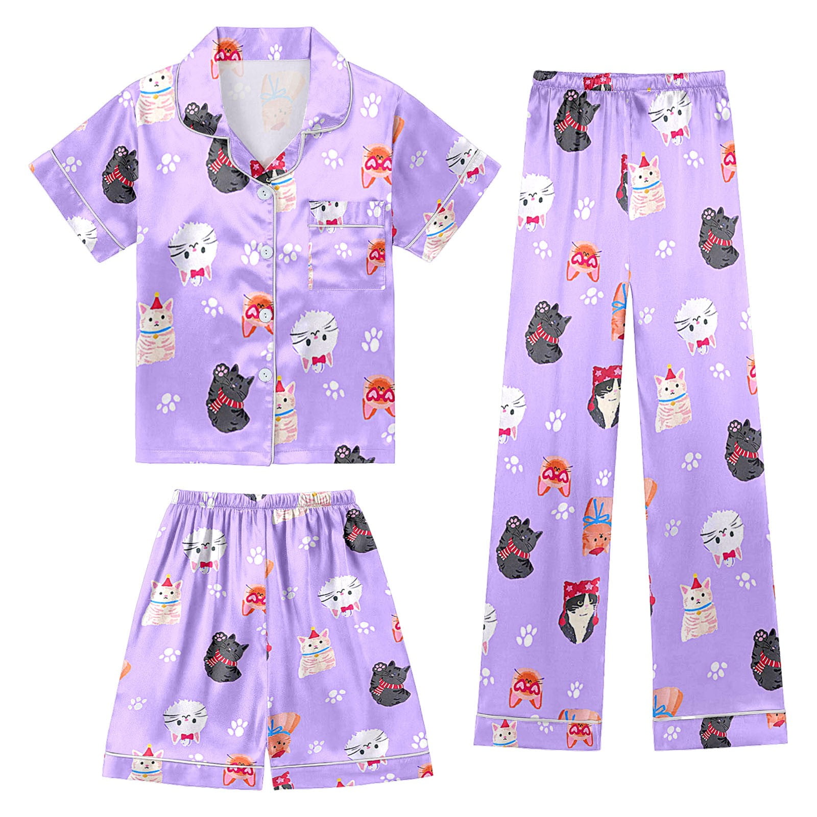 Girls Pajamas 3 Piece Set Button Down Pjs Short Sleeve Long Pants with ...