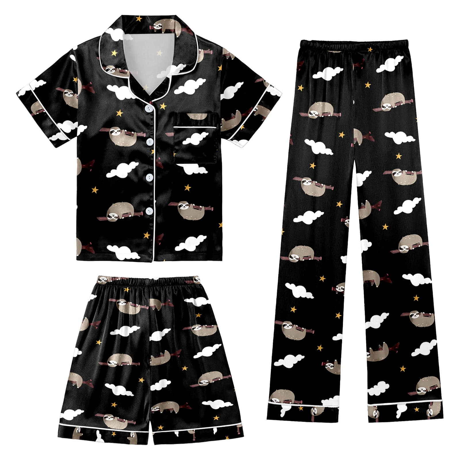 Girls Pajamas 3 Piece Set Satin Button Down Pjs Short Sleeve Top Shorts ...