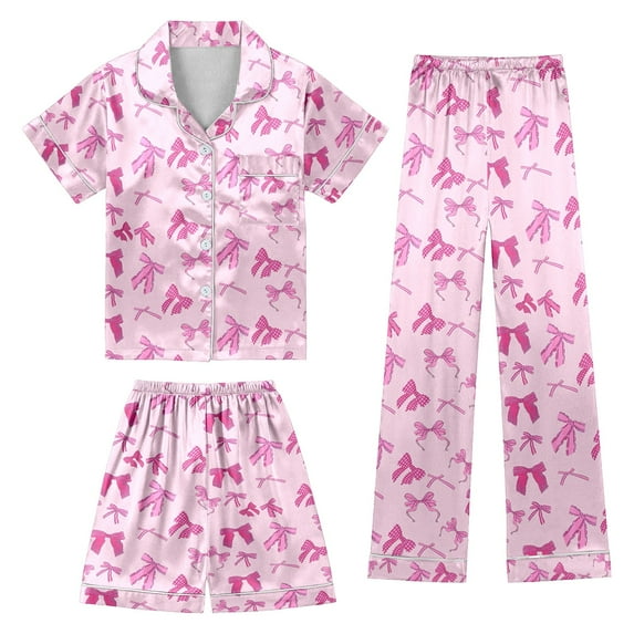 Girls Pajamas 3 Piece Set Size 7-8 Satin Button Down Pjs Short Sleeve ...