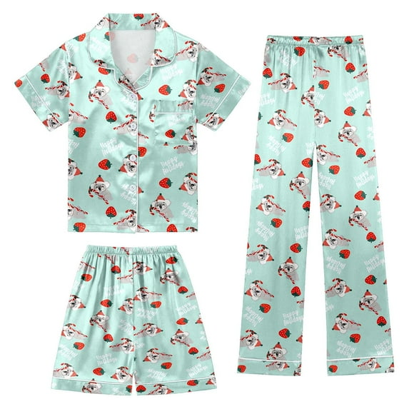 Girls Pajamas 3Pcs Button-Down Pjs Short Sleeve Long Pants with Shorts ...