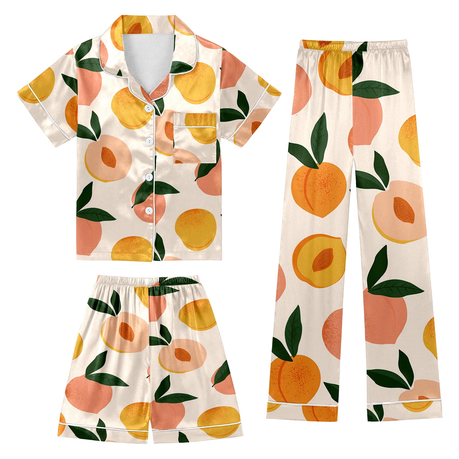 Girls Pajamas 3Pcs Button-Down Pjs Short Sleeve Long Pants with Shorts ...