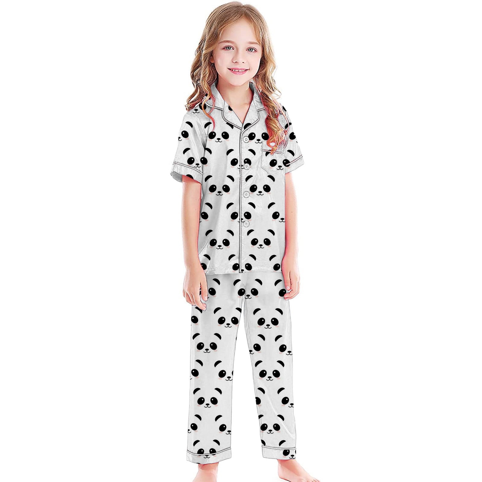 Girls Pajamas 3Pcs Button Down Pjs Short Sleeve Long Pants with Shorts ...