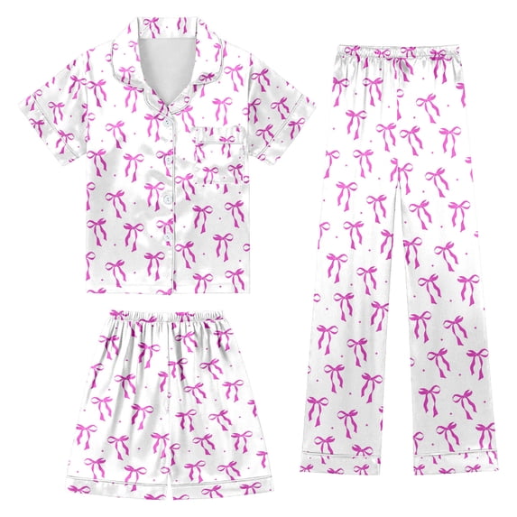 Girls Pajamas 3Pcs Button Down Pjs Short Sleeve Long Pants with Shorts ...