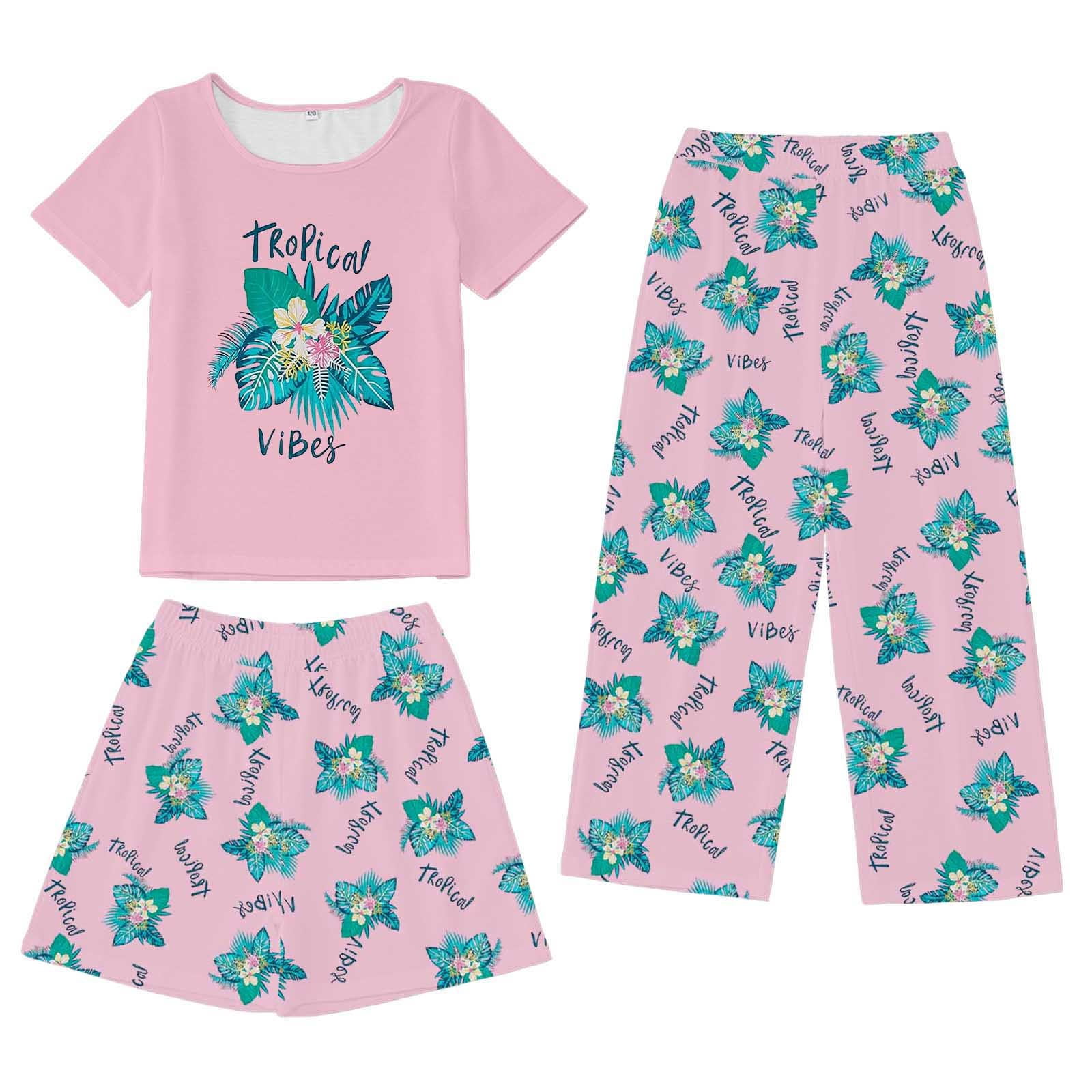 Girls Pajamas 3Pcs Satin Button Down Pjs Short Sleeve Top Shorts & Long ...