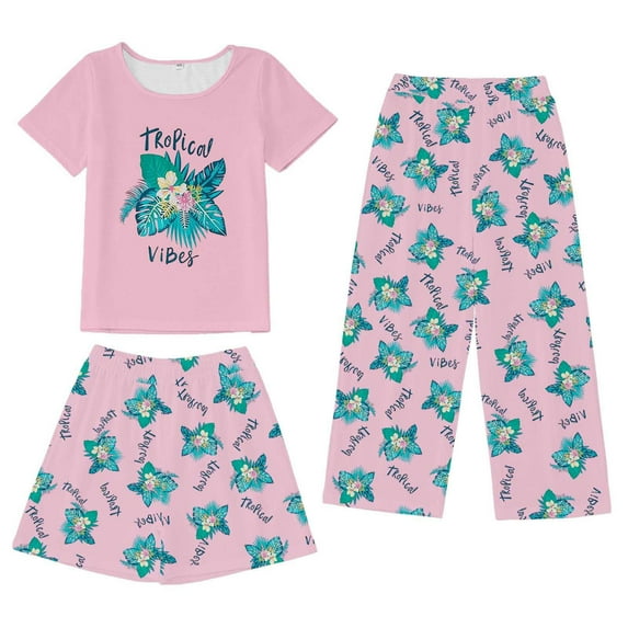 Girls Pajamas 3Pcs Satin Button Down Pjs Short Sleeve Top Shorts & Long ...