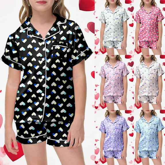 Girls Pajamas Satin Pajama Set Silk Pjs Short Sleeve Button Down Summer ...