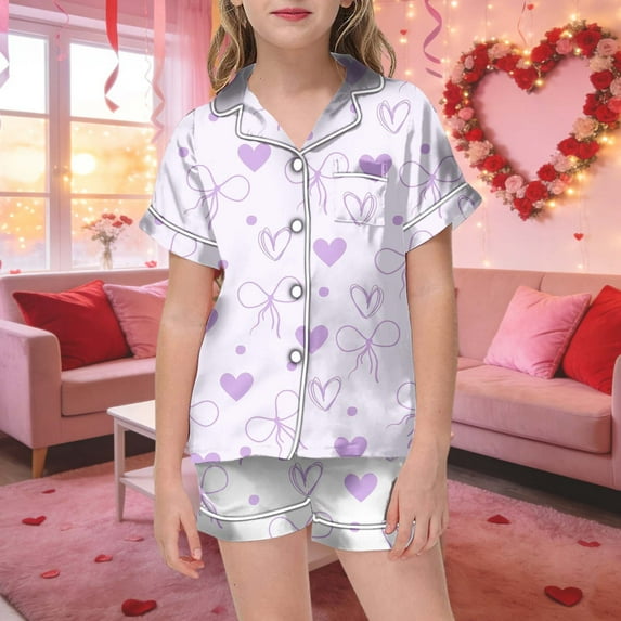 Girls Pajamas Satin Pajama Set Silk Pjs Short Sleeve Button Down Summer ...