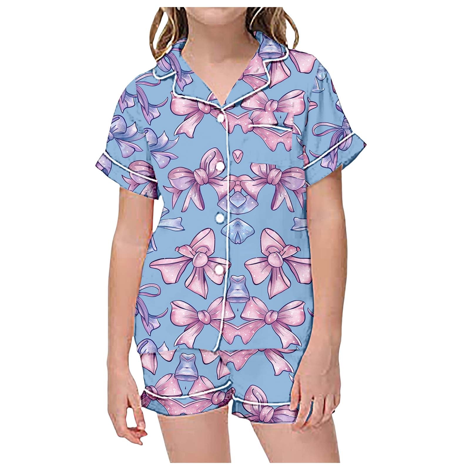 Girls Pajamas Set Bow Satin Pajamas Kids Girls Boys Short Sleeve Button ...