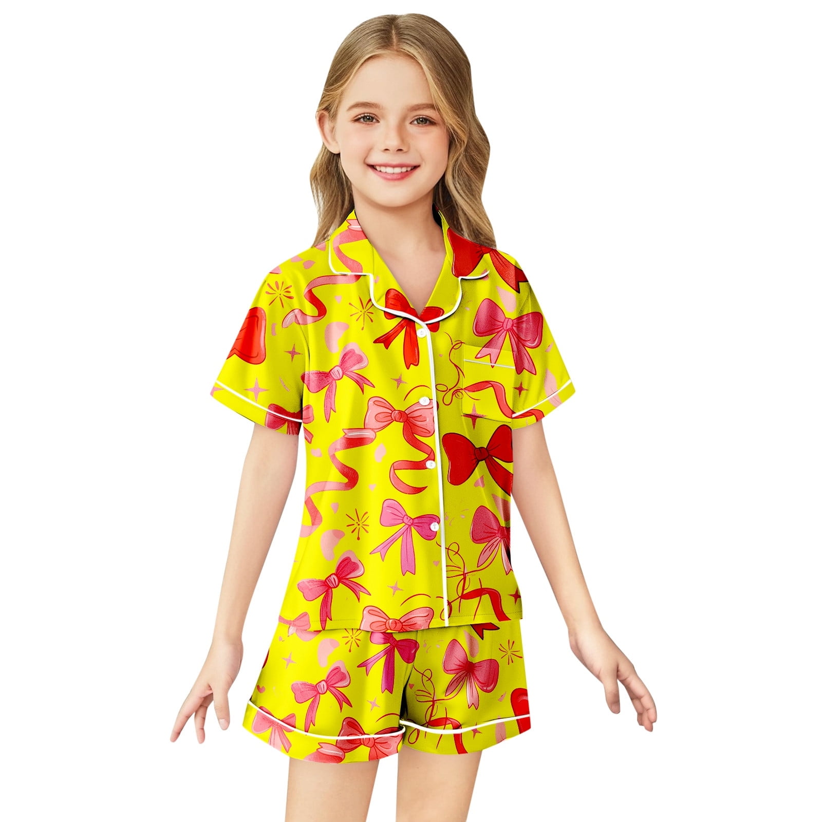 Girls Pajamas Set Bowtie Print Silk Pajama Set Short Sleeve Button Down ...