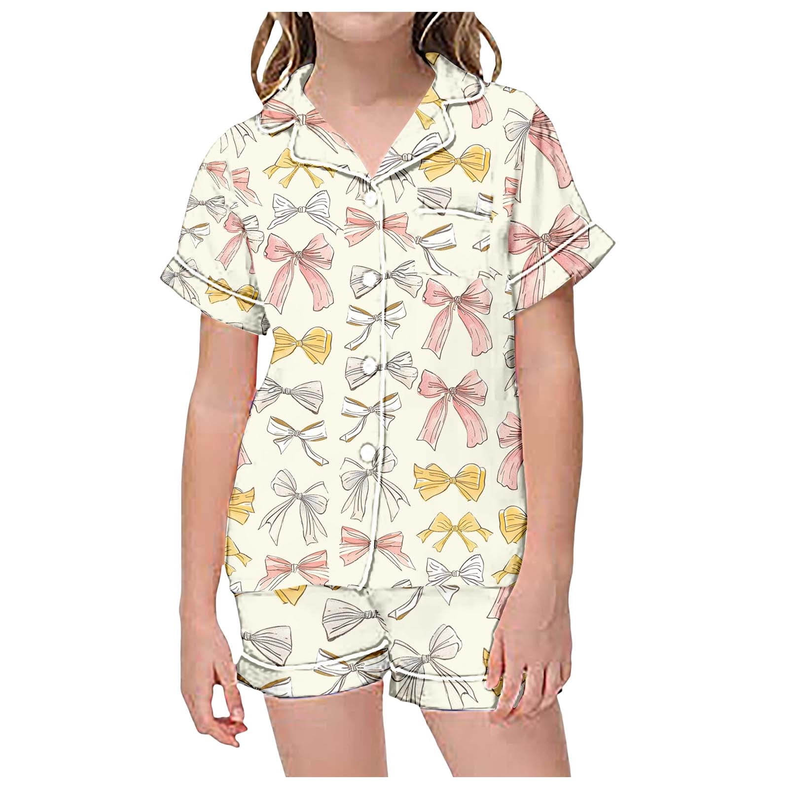 Pajamas Set Cute Print Girls Satin Pajamas Short Sleeve Button-Down ...