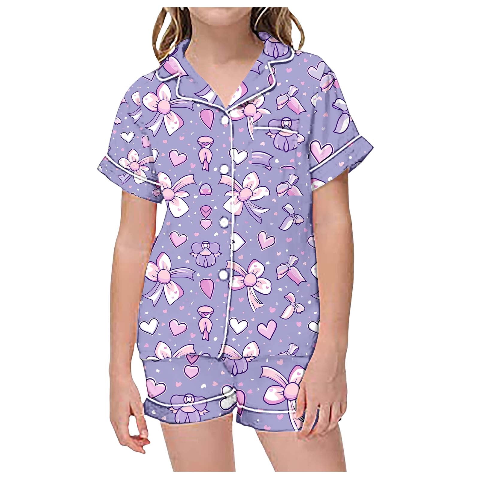 Girls Pajamas Set Cartoon Silk Pajamas For Girls Short Sleeve Button
