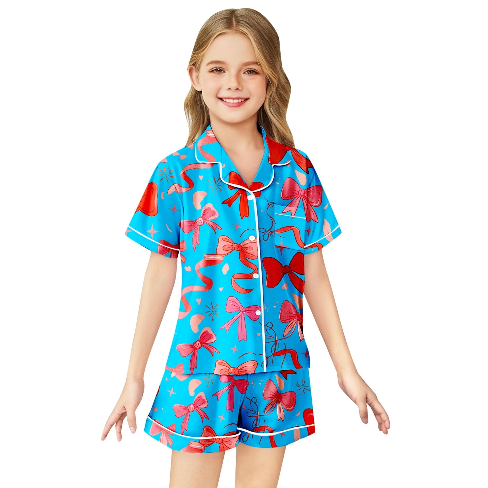 Girls Pajamas Set Cute Print Satin Pajamas Kids Girls Boys Short Sleeve ...