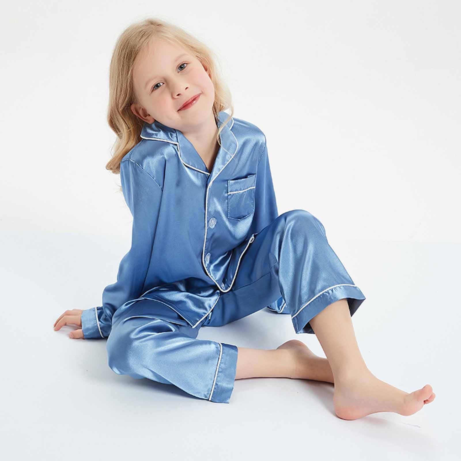 Girls Pajamas Set Glitter Satin Sleepwear Solid Color Top and Pants 2 ...