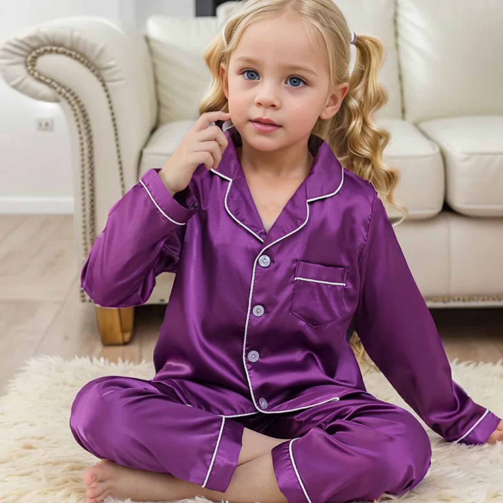 Girls Pajamas Set Glitter Satin Sleepwear Solid Color Top and Pants 2 ...