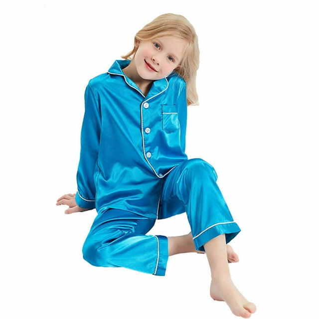 Girls Pajamas Set Glitter Satin Sleepwear Solid Color Top and Pants 2 ...