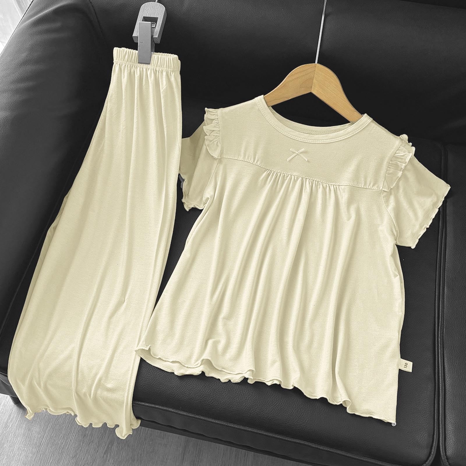 Girls Pajamas Set Light Yellow Short Sleeve Crewneck Soft Comfort Top ...