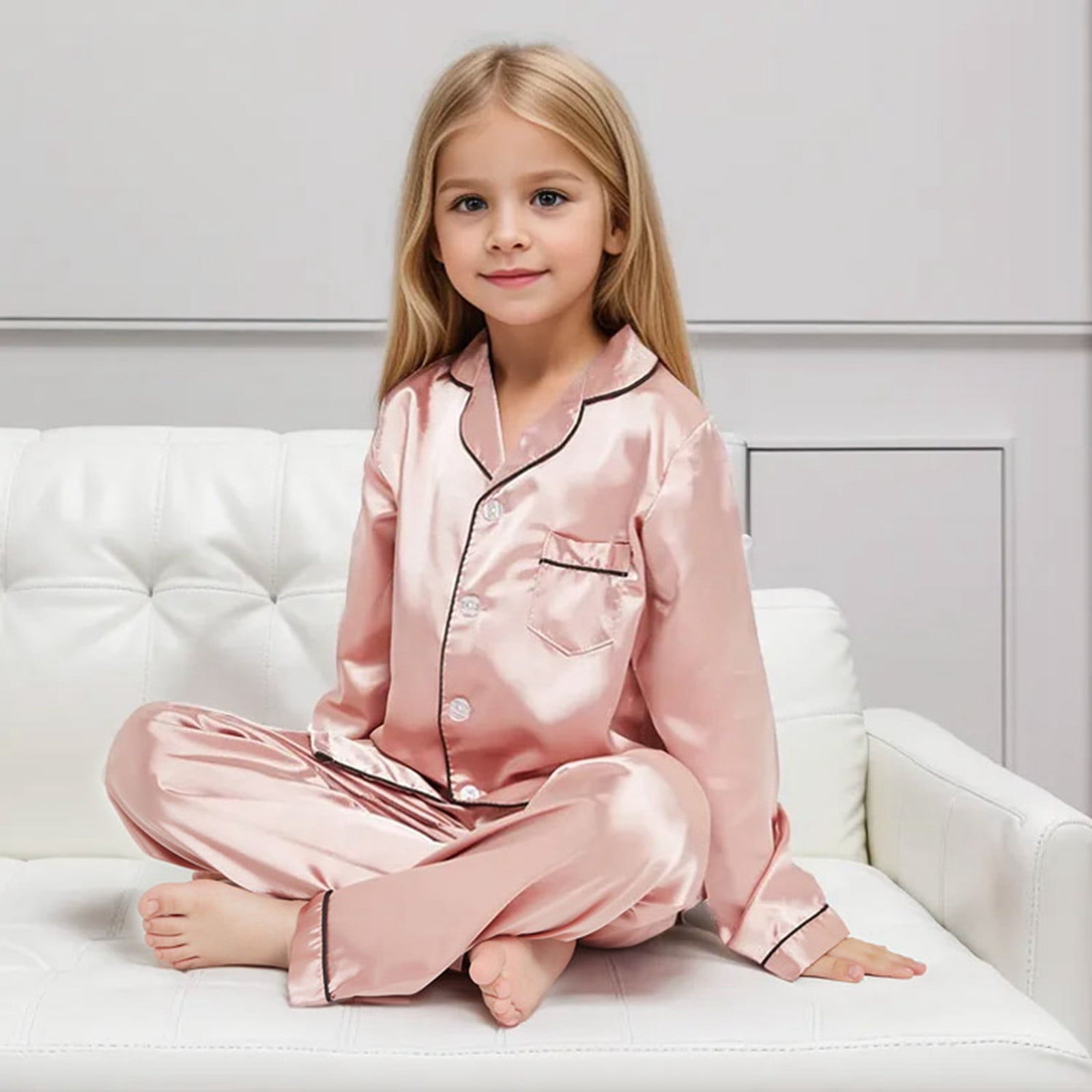 Girls Pajamas Set Satin Long Sleeve Top and Pants 2 Piece Cute Jammies ...