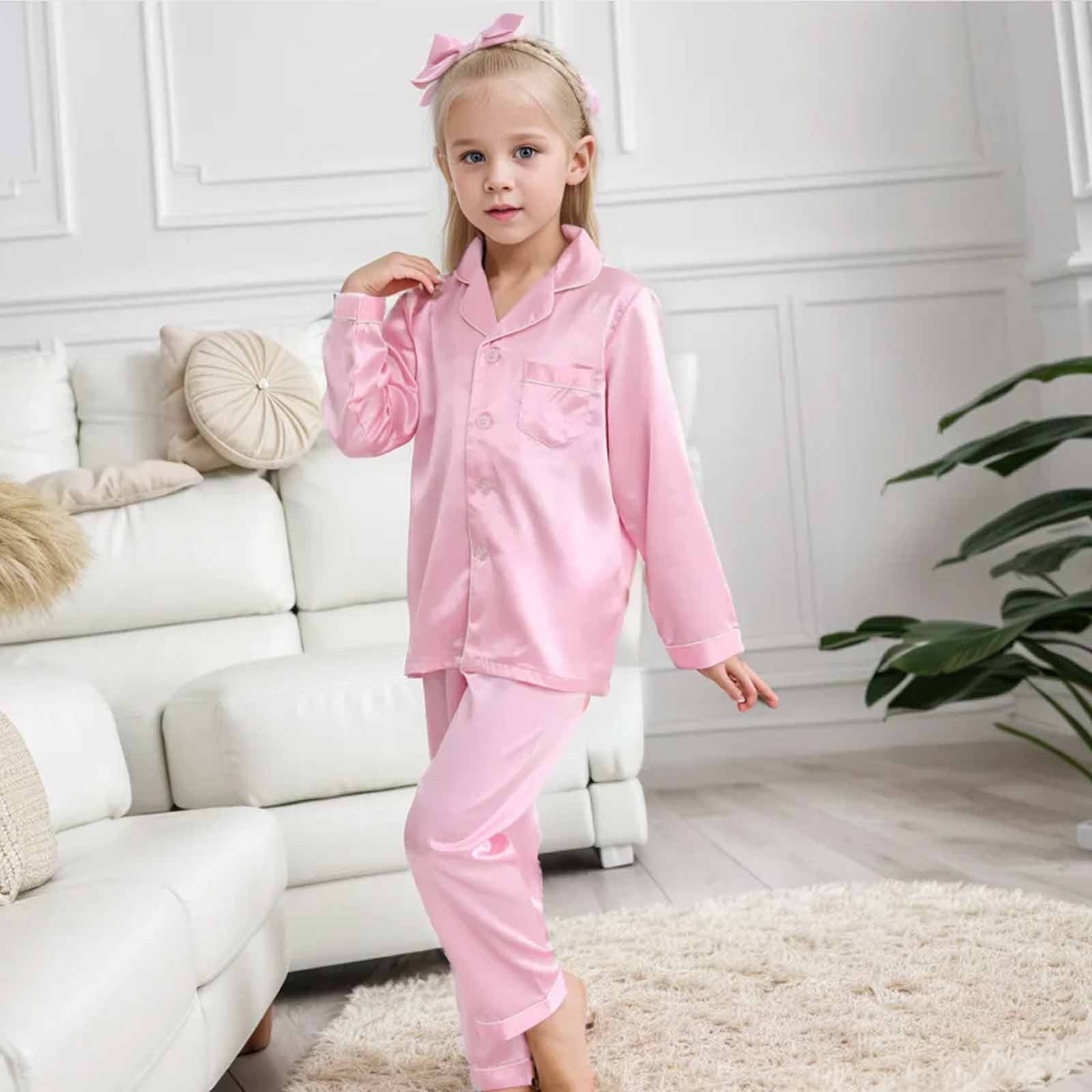 Girls Pajamas Set Satin Long Sleeve Top and Pants 2 Piece Cute Jammies ...