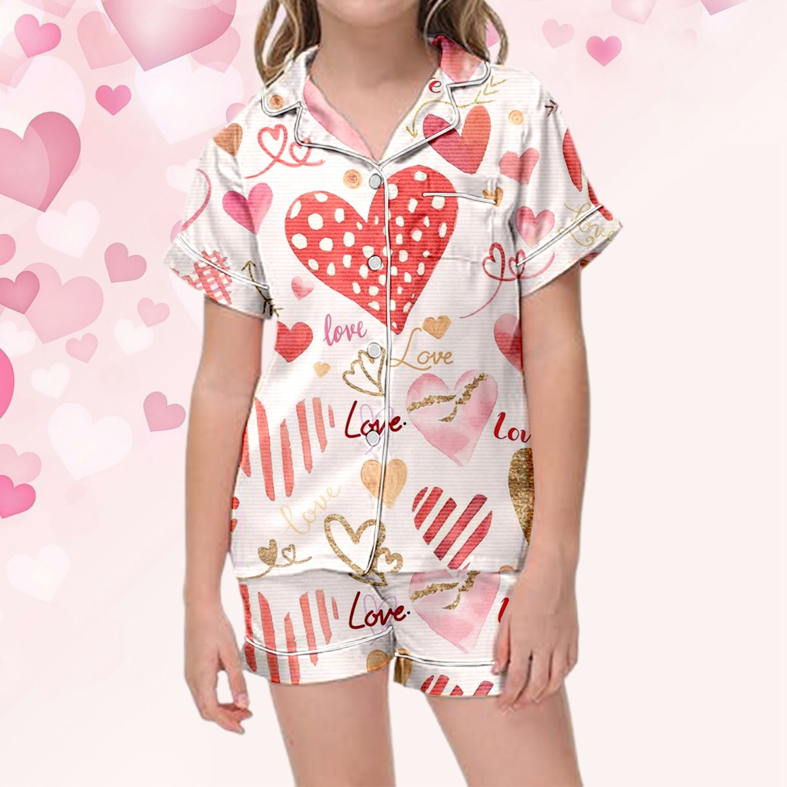 Girls Pajamas Set Valentines Pajamas Hearts Shape Printed 2 Piece Short ...