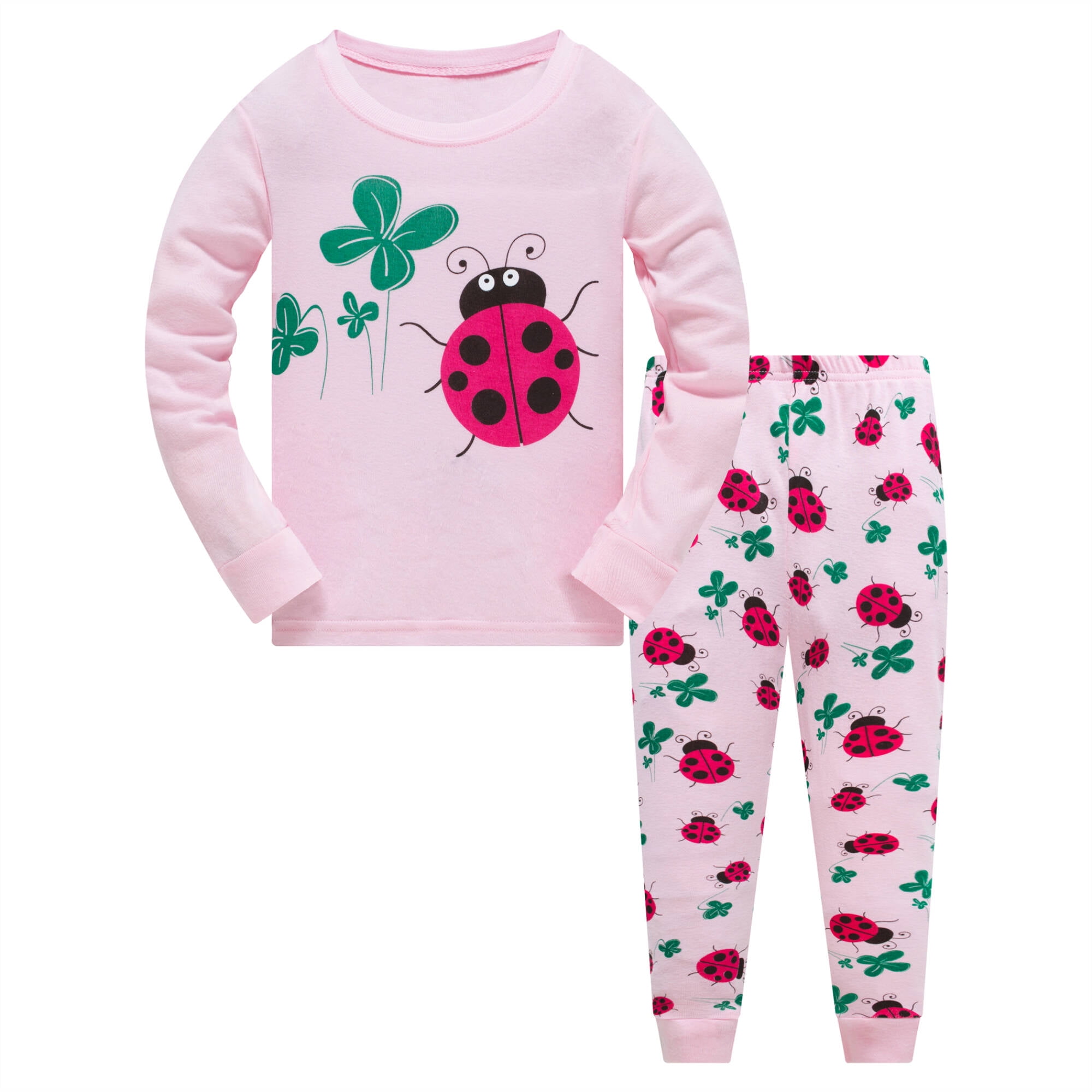 Popshion Girls Pajamas Sets, Long Sleeve, Ladybug Rainbow, 100% Cotton ...