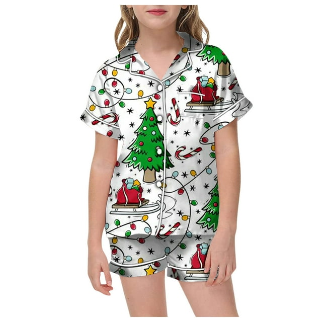 Girls Pajamas Size 10-12 Christmas Tree Snowflake Print 2 Pieces Pjs ...