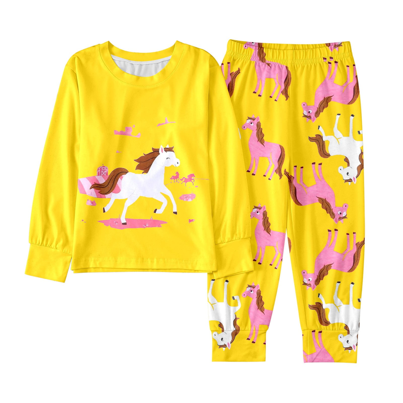 Girls Pajamas Size 2-10 Years Children Sleepwear Set Long Sleeve Cartoon White Horse Print ...