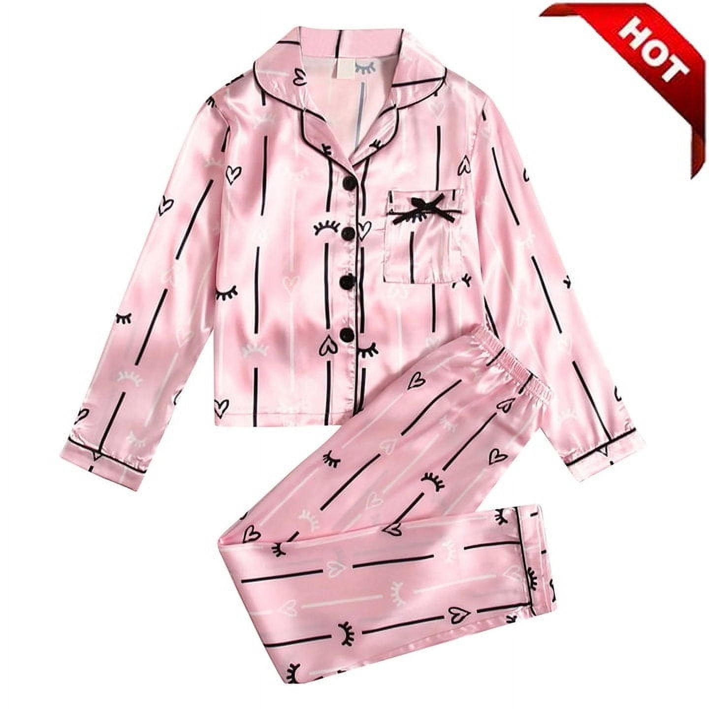 Girls Pajamas Size 7-8 Years Satin 2Pcs Silk Nightwear Button Down Teen ...