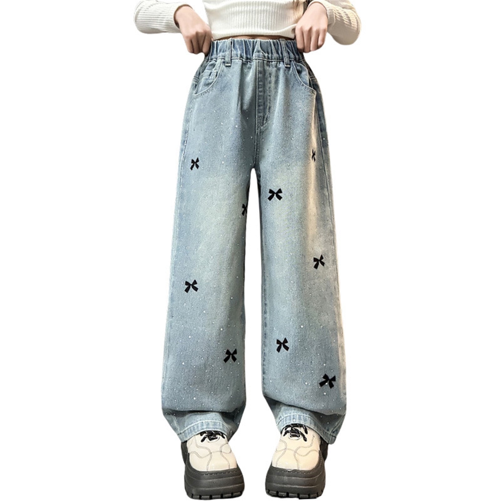 Girls' Pants Jeans Embroidery Elastic Waist Baggy Denim Wide Leg Long ...