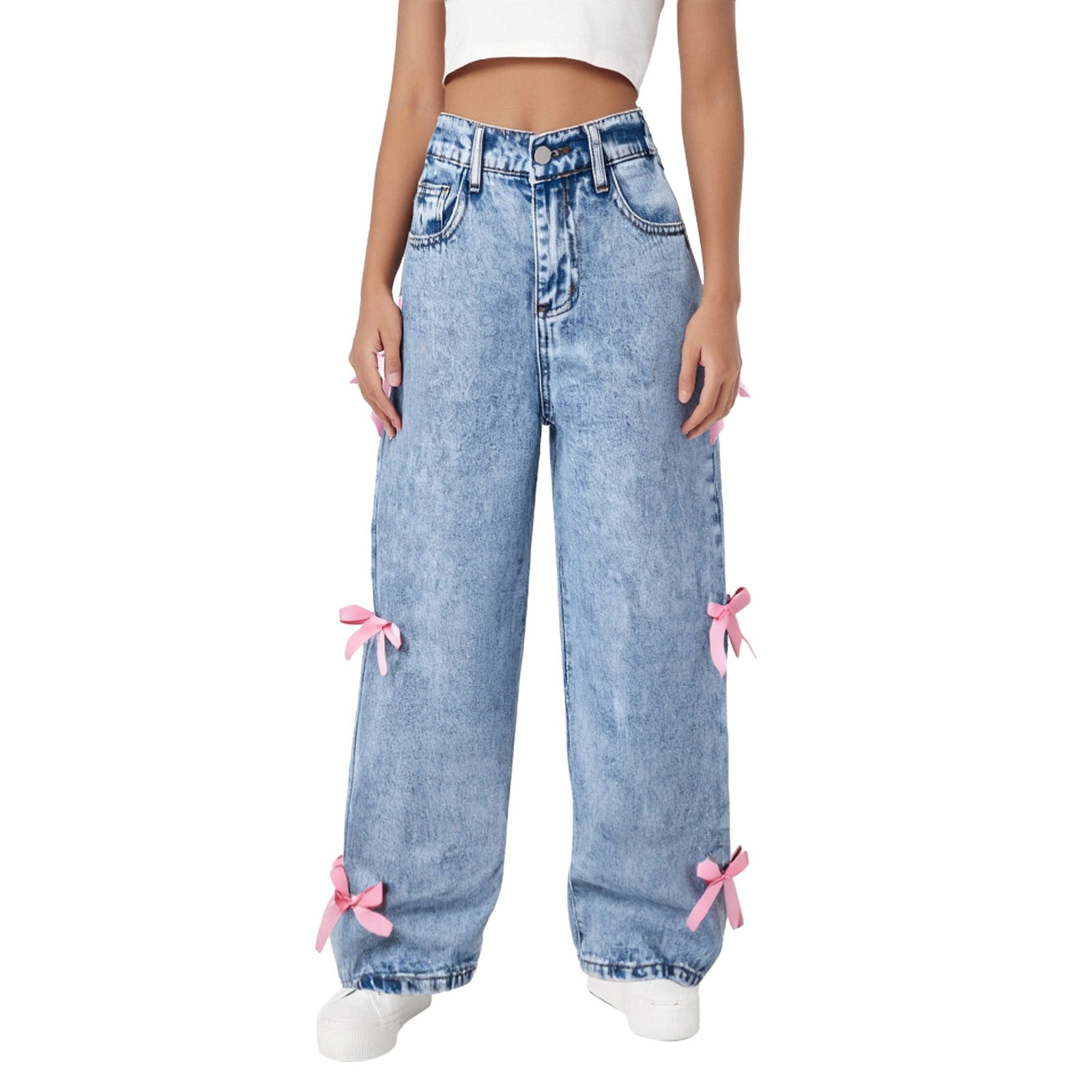 Girls Pants Jeans Wide Leg Baggy Denim High Elastic Waisted Long Bow ...