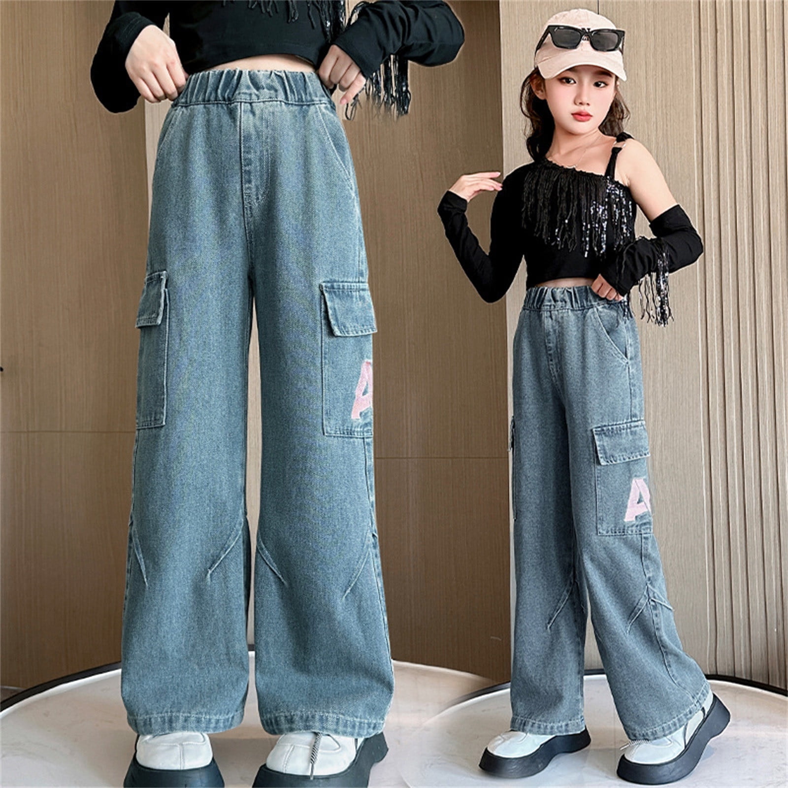 Girls Pants,Kids Girls Jeans Distressed Elastic Waist Baggy Denim Wide ...