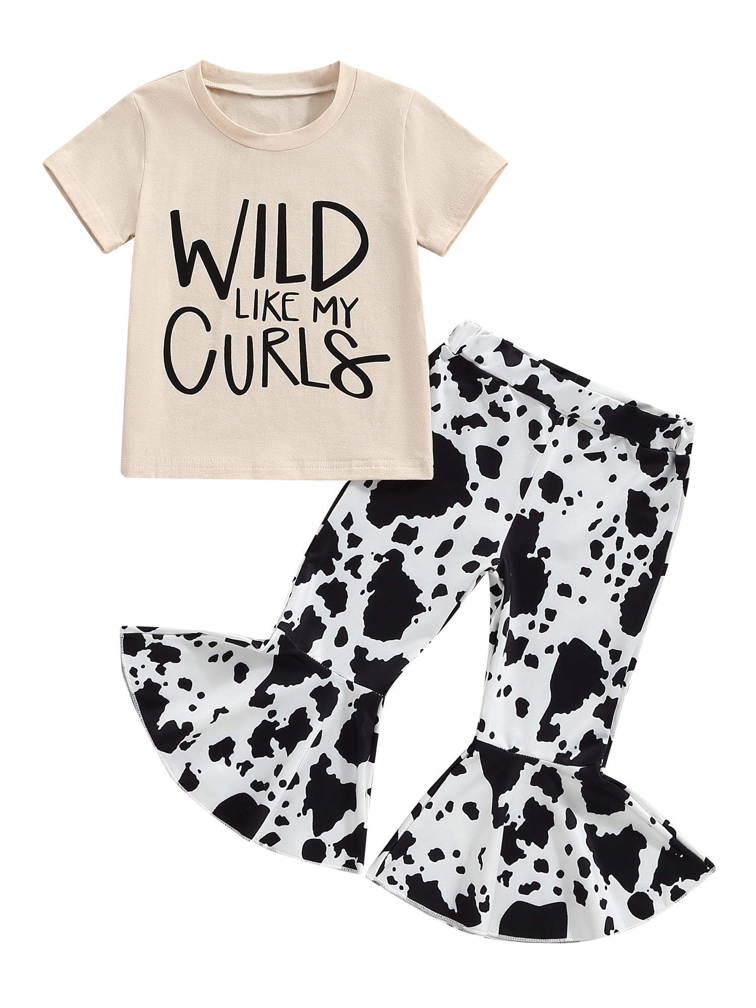 Girls Pants Set, Short Sleeve Letters Print T-shirt Cow Pattern Pants ...