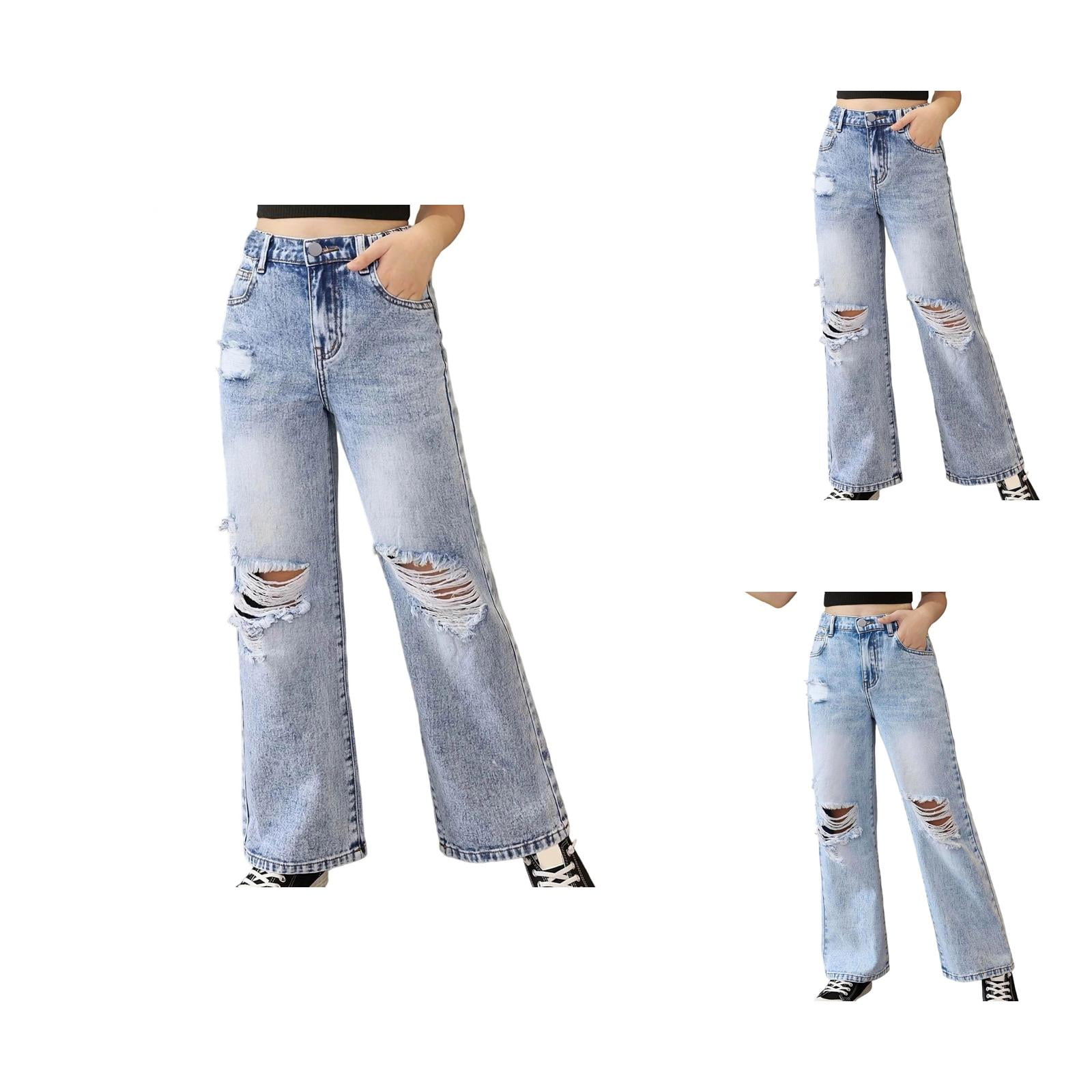 Girls Pants Teen Girls Distressed Jeans Wide Leg Pants Snow Wash Denim ...