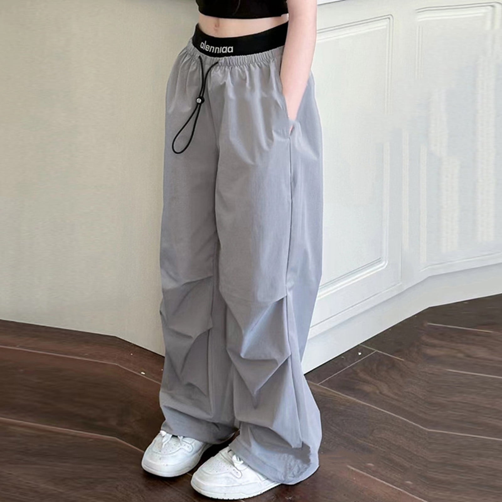 Girls Parachute Pants Baggy Wide Leg Cargo Hiking Joggers Hip Hop Dance with Pockets Trousers ...