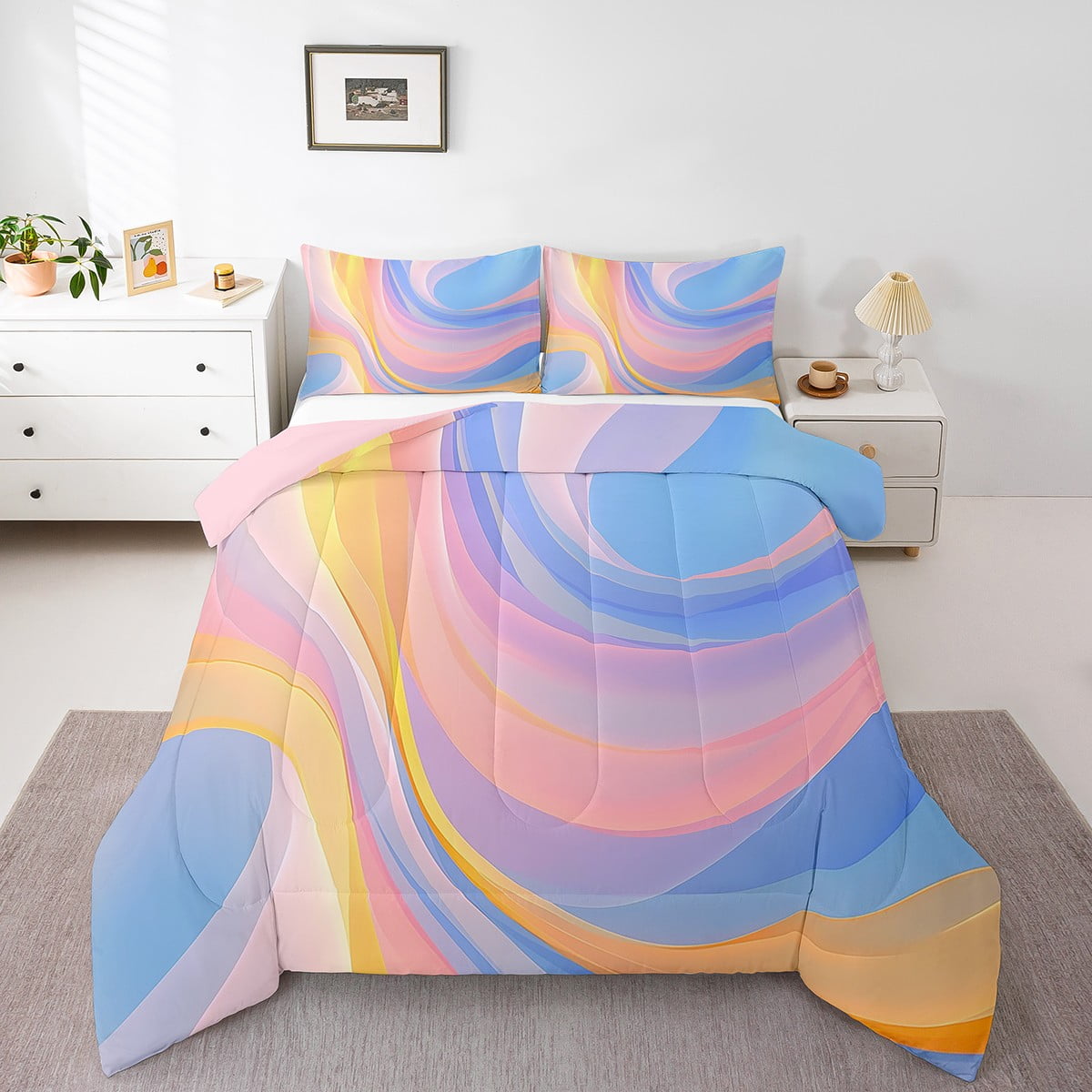 Girls Pastel Comforter Set Queen Size Abstract Rainbow Stripe Waves ...