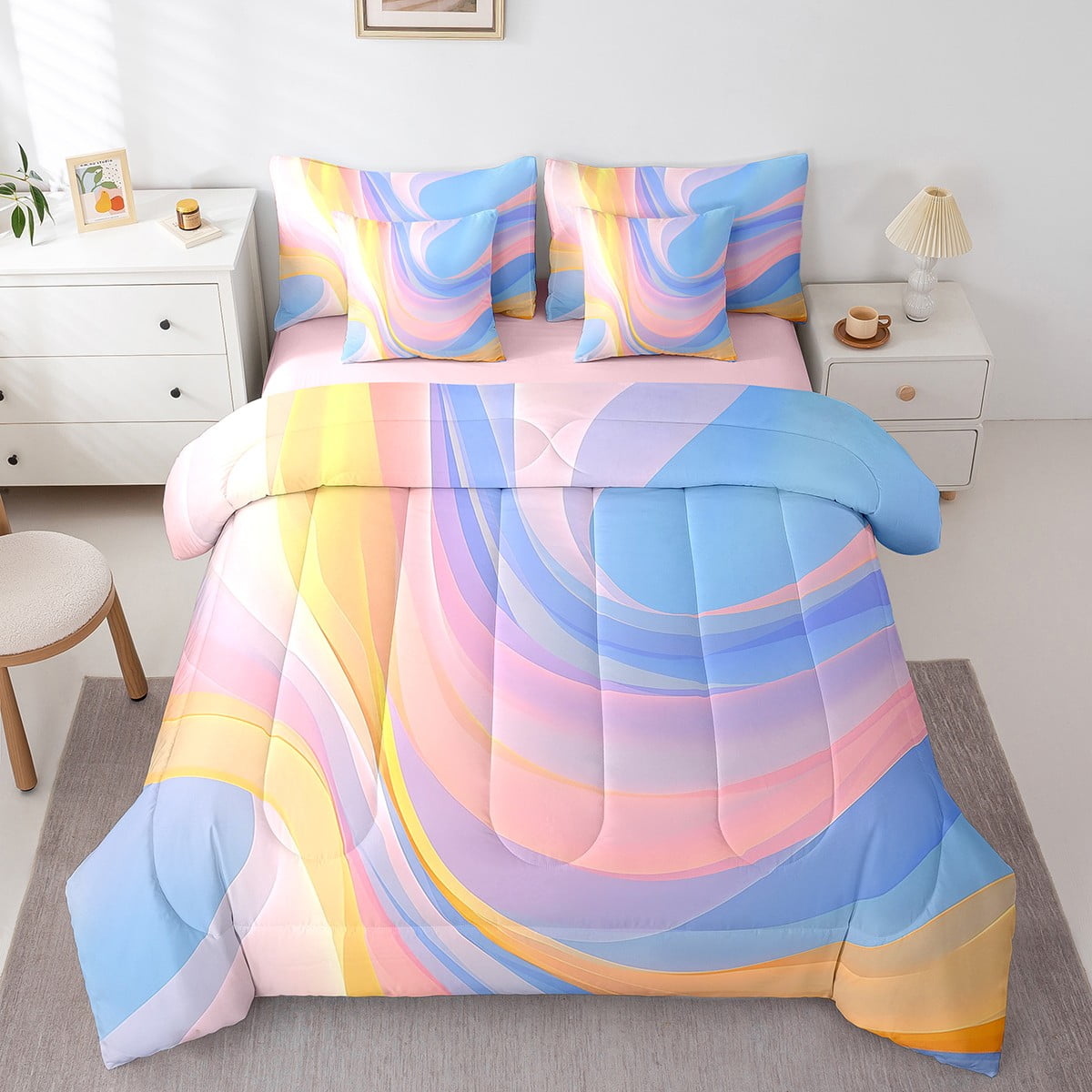 Girls Pastel Full Comforter Set 7 Piece Abstract Rainbow Stripe Waves ...