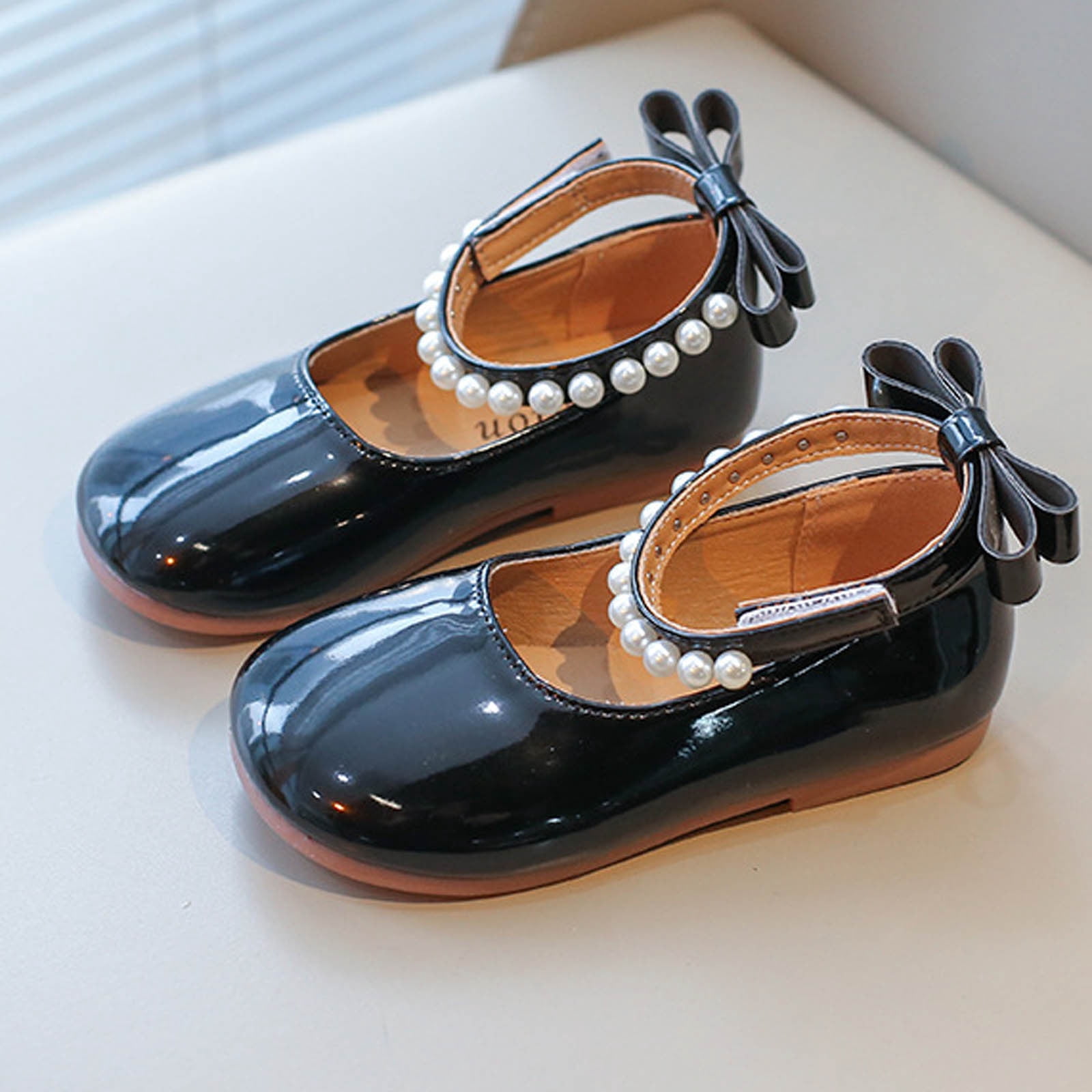 Girls Patent Faux Leather Mary Jane Flats with Pearl & Bow - Black Kids ...