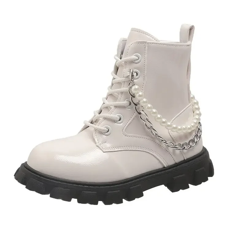 Girls Pearls Ankle Boots White High Top Fashion Shoes Kid Chain Leather ...
