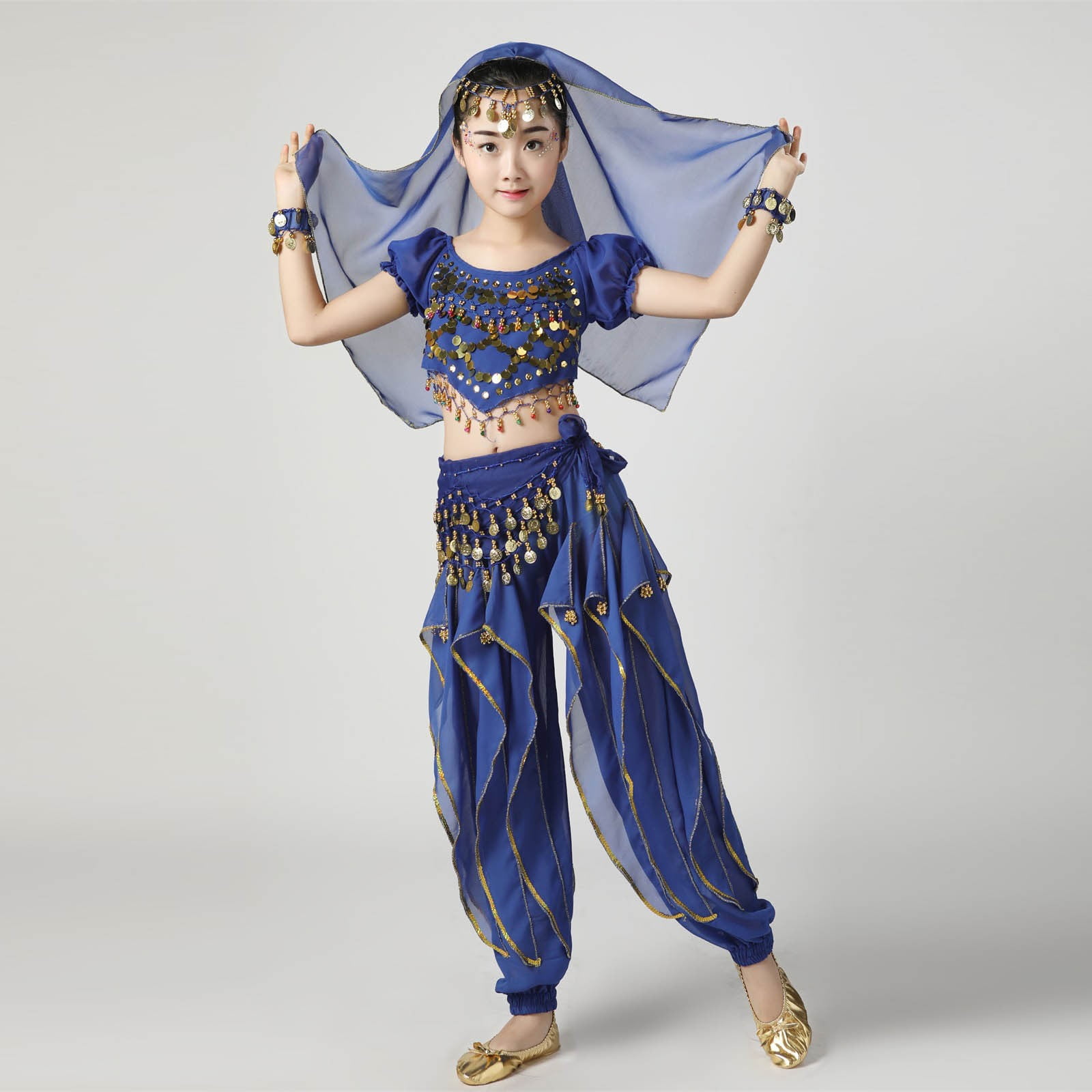 Girls Performance Costume Set, Blue 5-Piece Sequined Outfit with ...