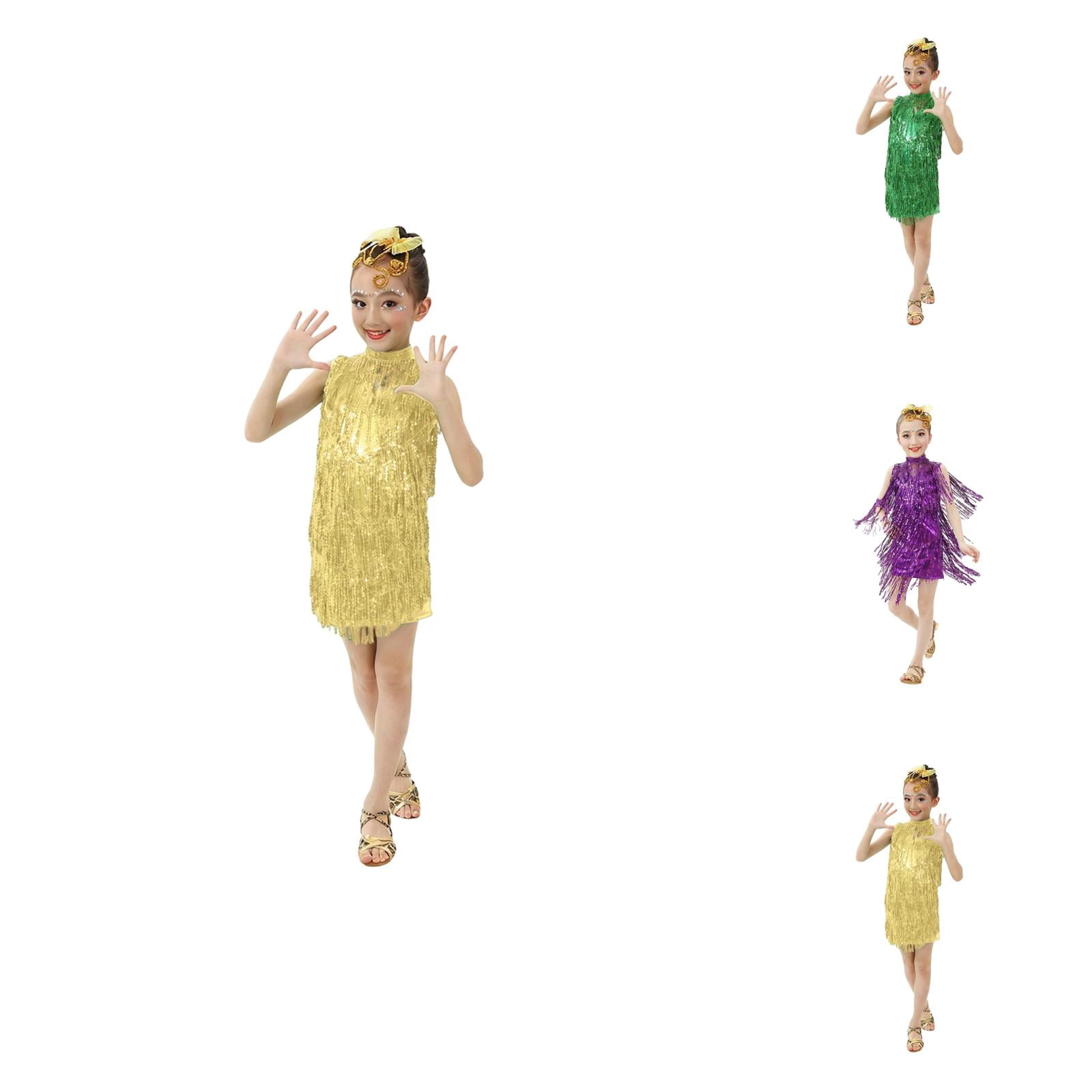 Girls Performance Dress with Fringe, 2Pcs Sequin Sleeveless Latin Dance ...